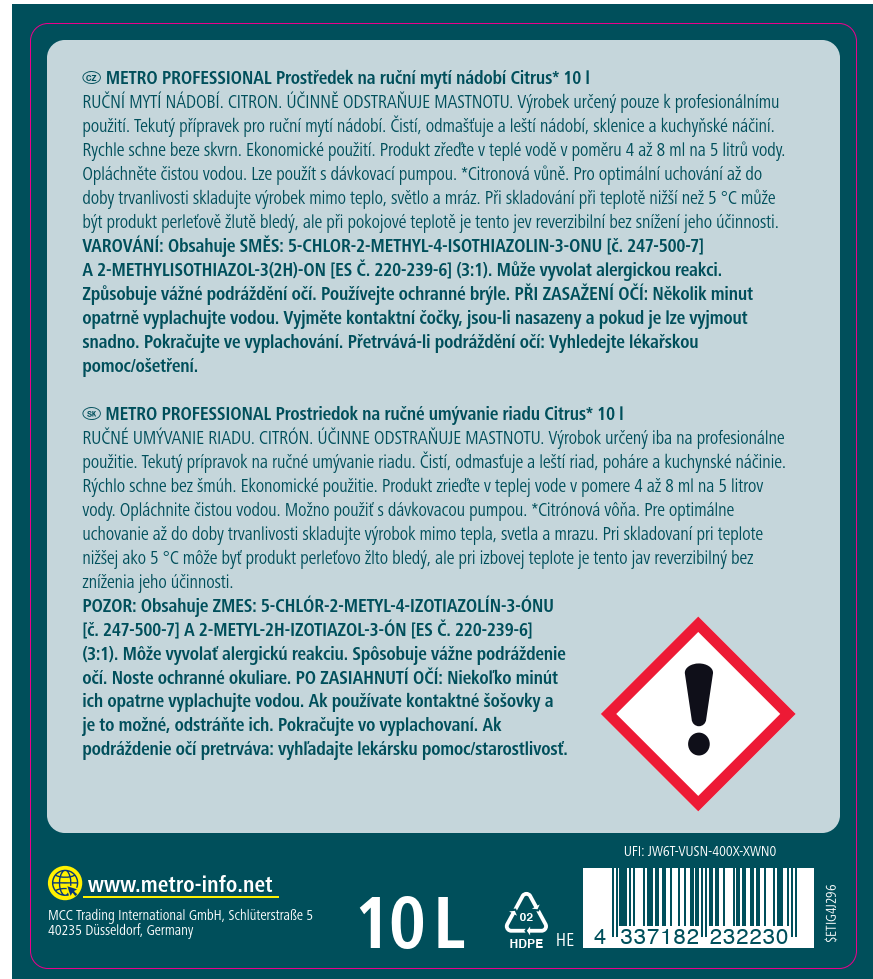 METRO PROFESSIONAL Gel na mytí nádobí Citrus 10 l - Gely, Pro hotely ...