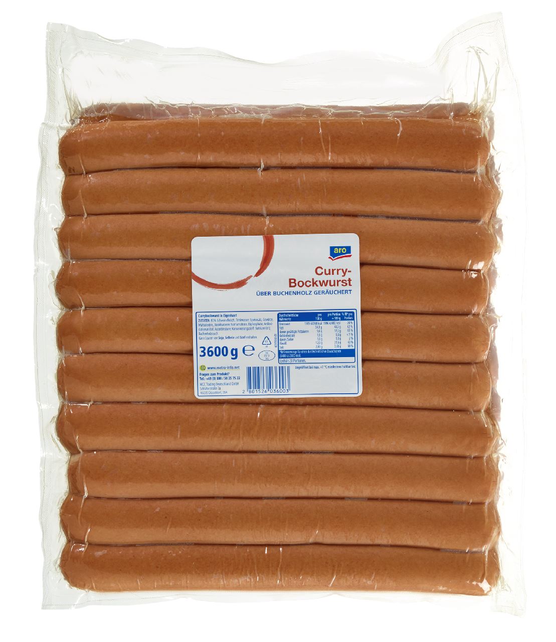 aro Curry Bockwurst, gekühlt, 20 Stück à ca. 180 g - ca. 3,6 kg Packung