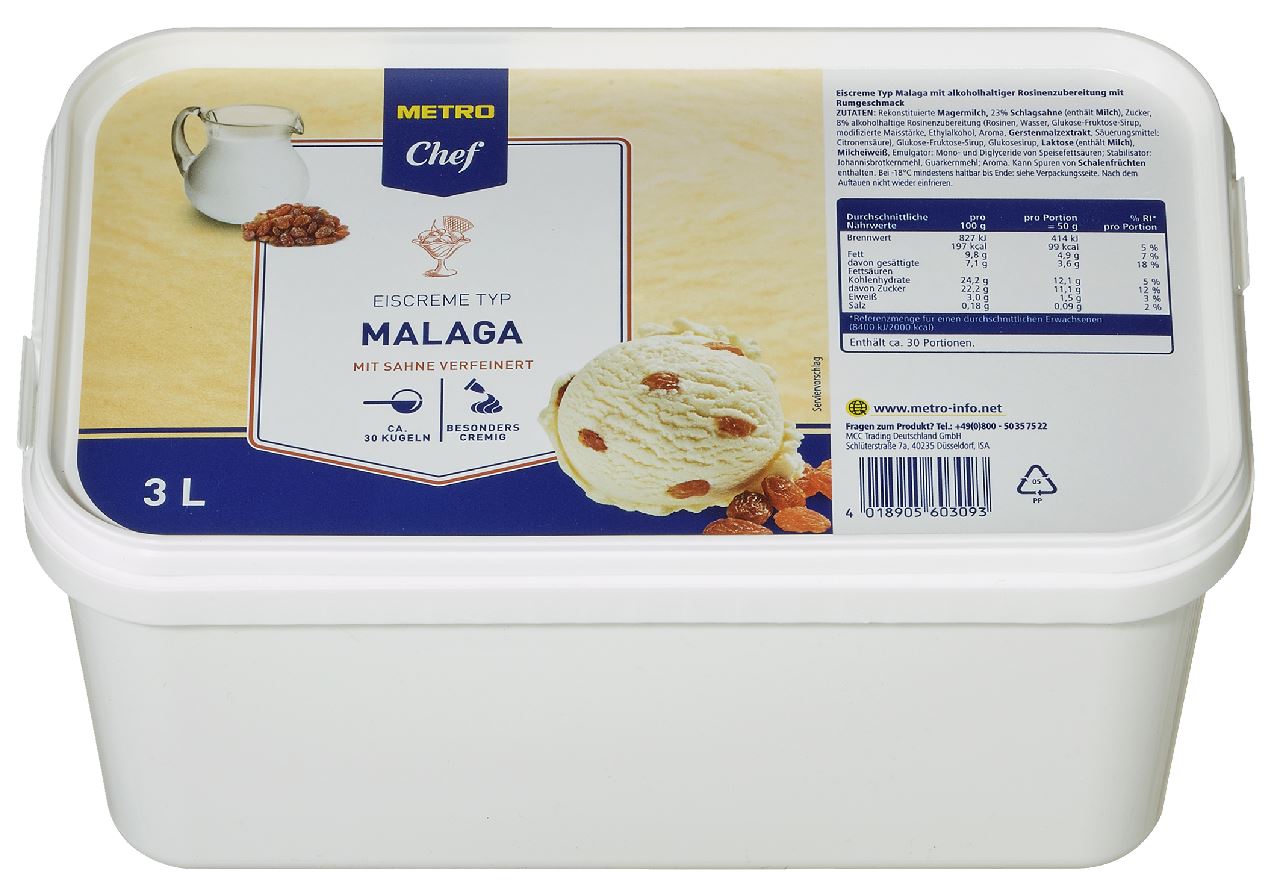 METRO Chef Eiscreme Malaga mit Rumrosinen tiefgefroren - 3 l Kanne