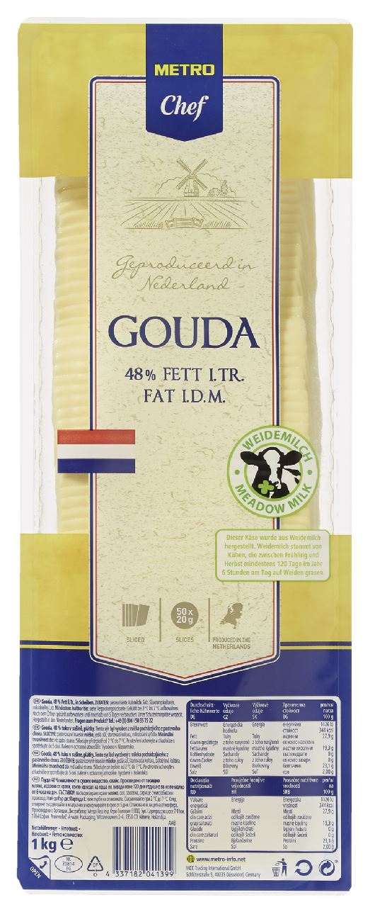 METRO Chef Gouda 48 % i. Tr., 50 Scheiben à 20 g, 10 x 10 cm, gekühlt ...