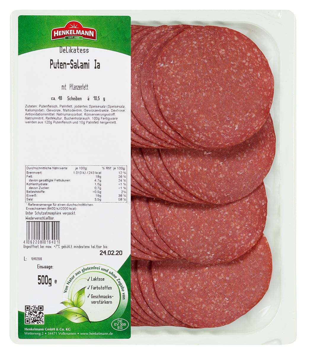 Henkelmann Delikatess Puten-Salami Ia, gekühlt - 500 g Packung