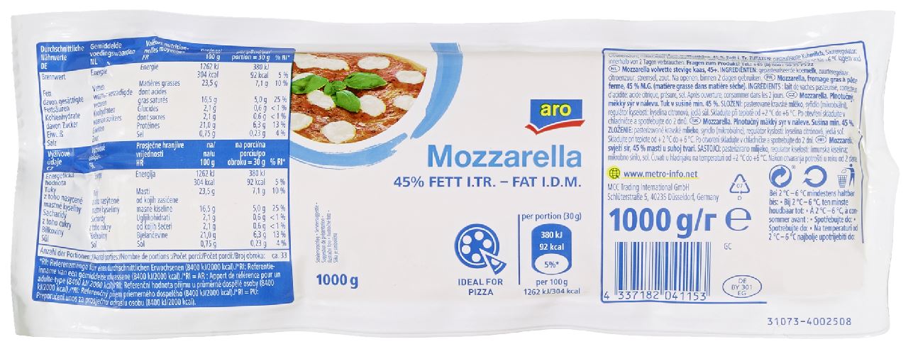 aro Mozzarella 45 % Fett i. Tr. - 1 kg Packung