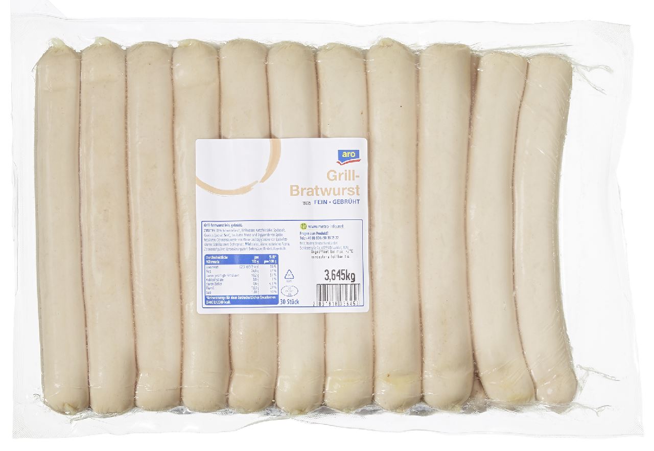 aro Bratwurst fein, gebrüht, gekühlt, 30 Stück à ca. 120 g - ca.3,6 kg ...