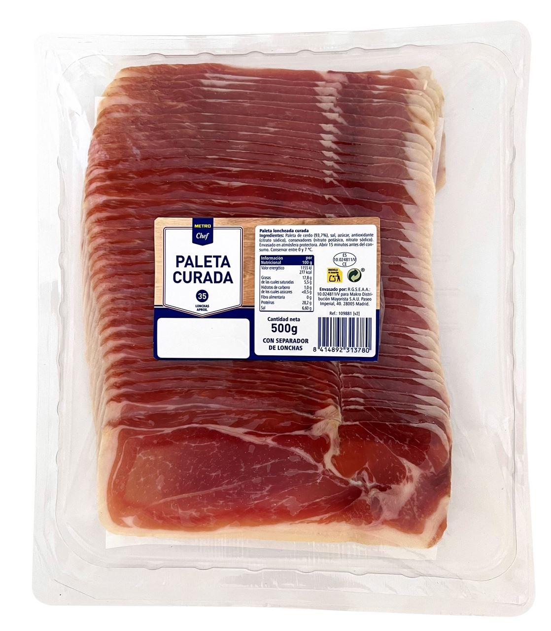 METRO Chef paleta curada loncheada bandeja 500 g