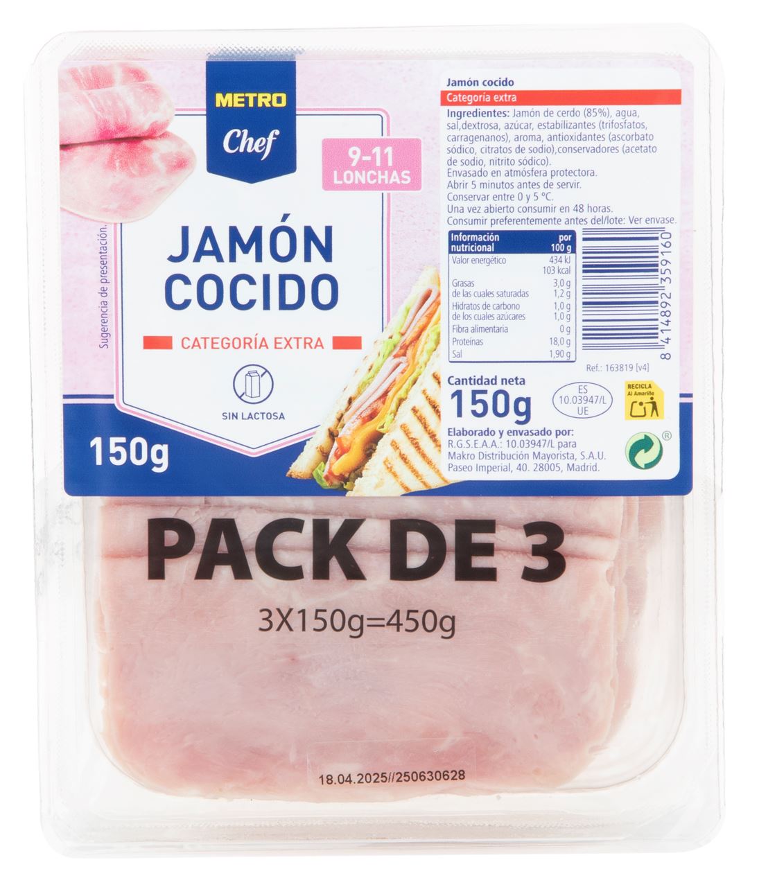 METRO Chef jamón cocido loncheado 150 g contiene 3 unidades (total 450 g)