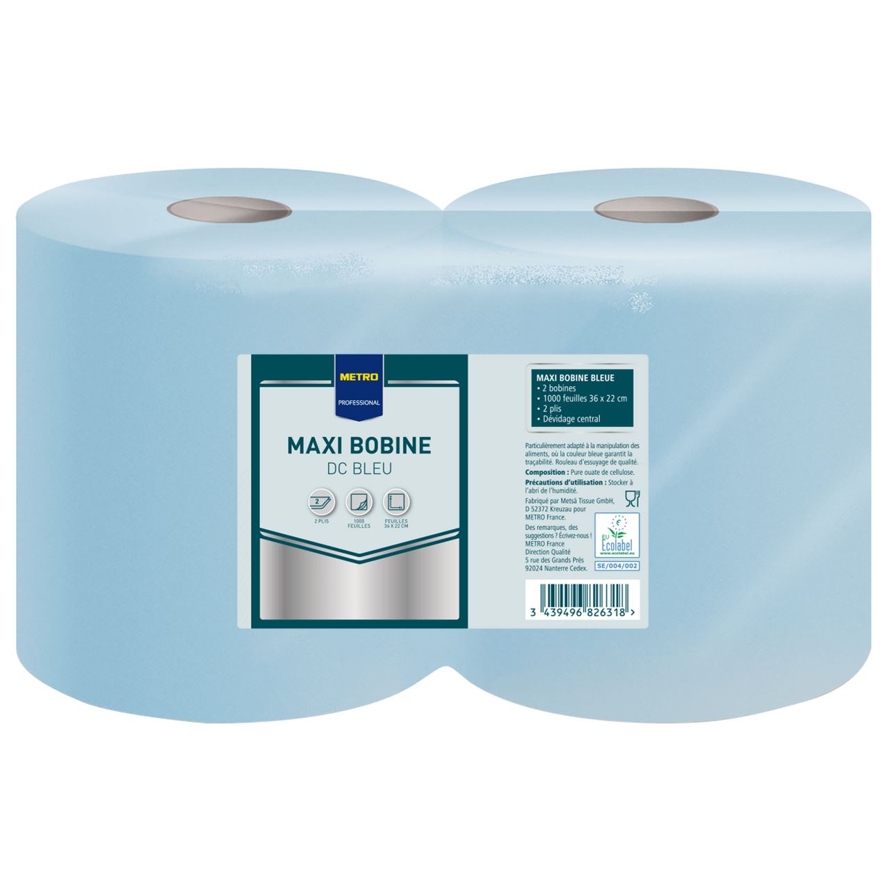 METRO PROFESSIONAL Bobine d'essuyage dévidage central 2 plis bleu 1000 ...